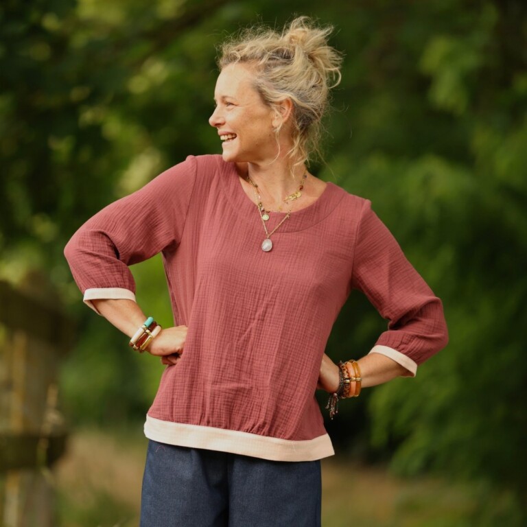 Blouse Constance — Double gaze terracotta & bandes armuré rose poudré ...